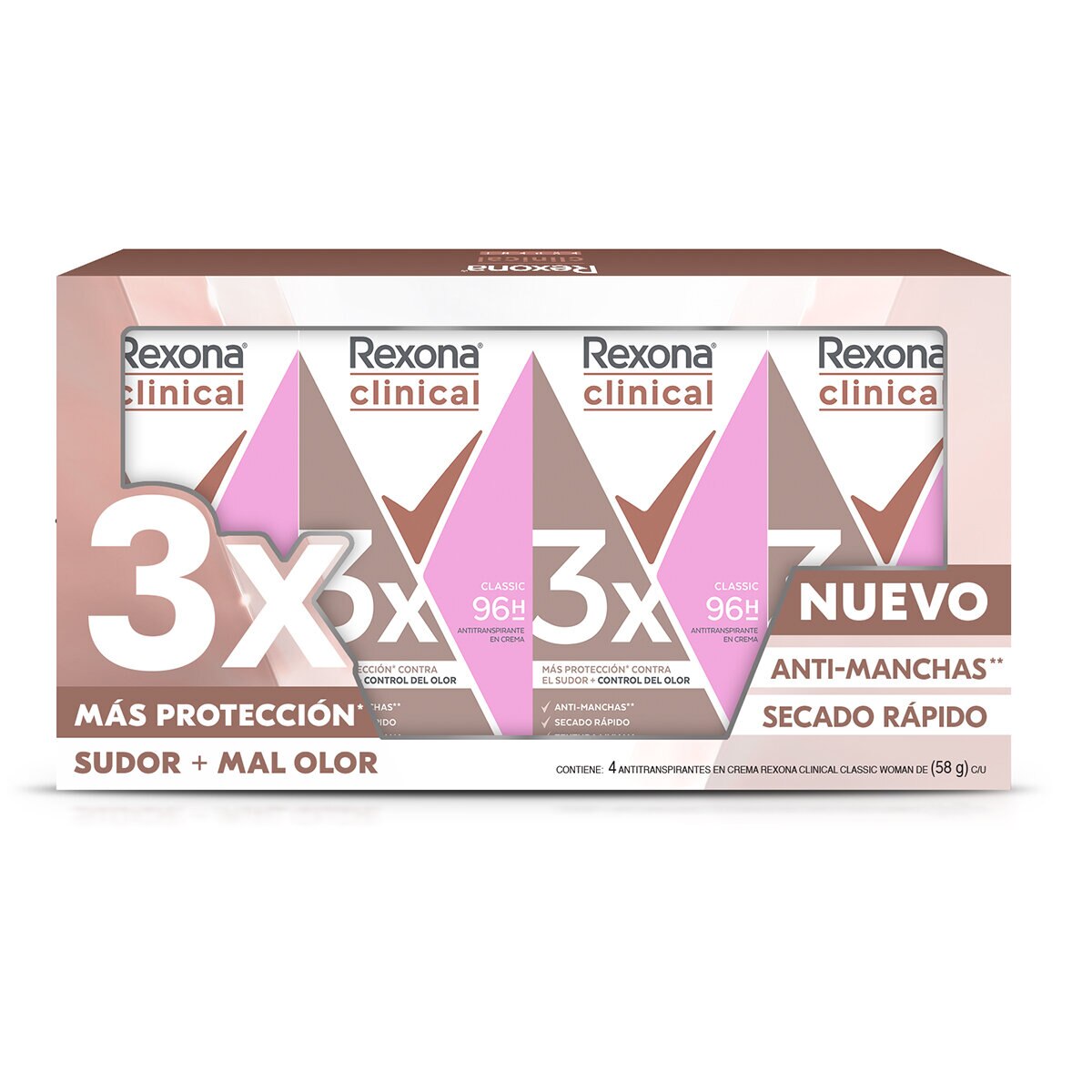 Rexona Clinical Antitranspirante para mujer 4 pzas de 58 gr