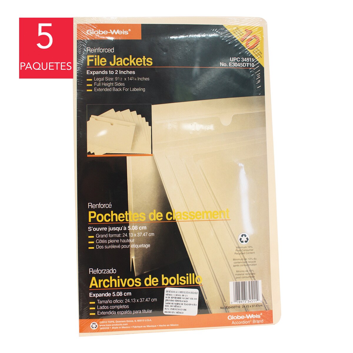 Globe-Weis Folder Tipo Bolsa Tamaño Oficio 50 Piezas | Co...