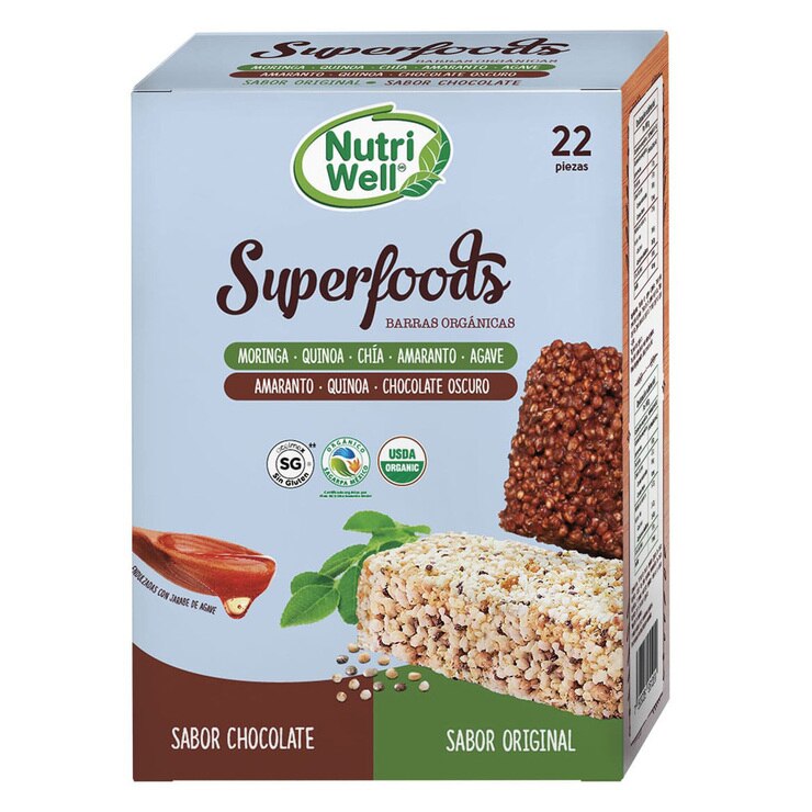 Barras Superfoods Sabor Chocolate y Natural Nutriwell 22 piezas ...