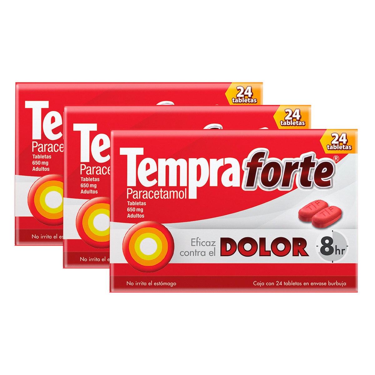 Tempra Forte Paracetamol 650mg 3 Cajas Con 24 Tabletas C u